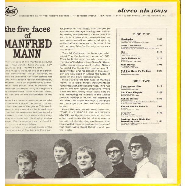 The Five Faces Of Manfred Mann - Original 1964 US Ascot label 12-track Stereo LP - All Products ...
