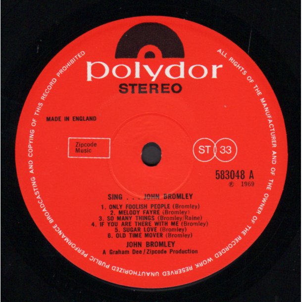 Sings... John Bromley - Original 1969 UK Polydor label 12-track Stereo ...